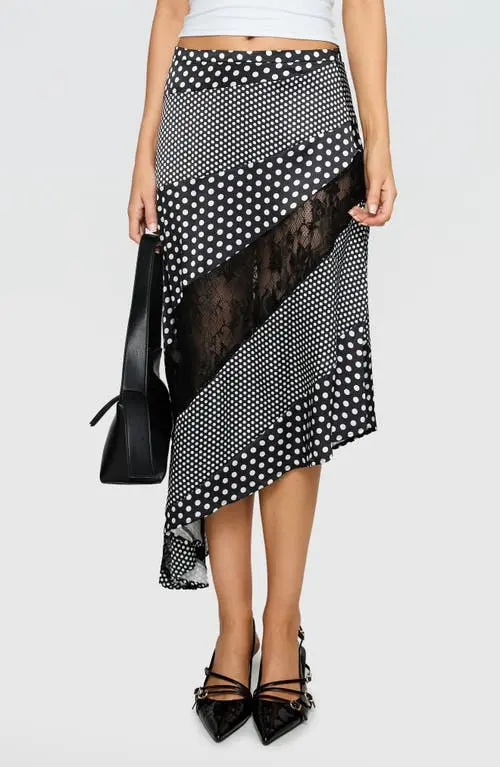Princess Polly Mixed Polka Dot & Lace Asymmetric Midi Skirt - Black Multi