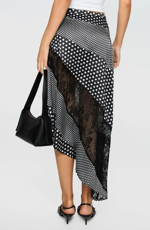 Princess Polly Mixed Polka Dot & Lace Asymmetric Midi Skirt
