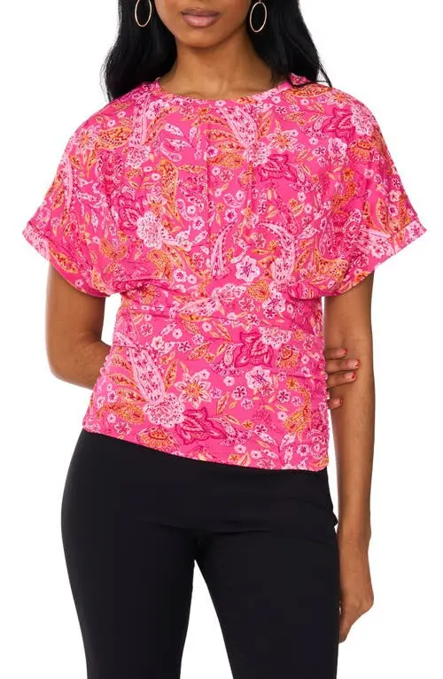 Chaus Floral Print Ruched Knit Top - Fuchsia/pink/mango