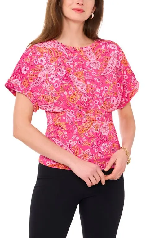 Chaus Floral Print Ruched Knit Top - Fuchsia/pink/mango