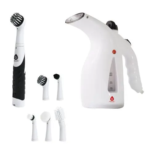 PURSONIC Cordless Power Scrubber Cleaning Brush + 300ml Handheld Travel Garment Steamerhome & Travel Cleaning Essentials - White