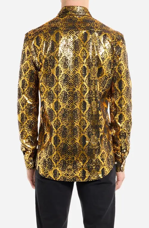Opposuits Modern Tailored Fit Shiny Snake Wrinkle Resistant Button-up Shirt - Gold