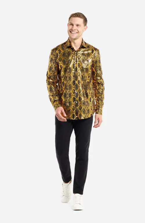 Opposuits Modern Tailored Fit Shiny Snake Wrinkle Resistant Button-up Shirt - Gold