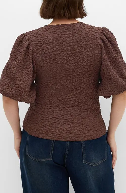 City Chic Texture Puff Sleeve Top - Chocolate