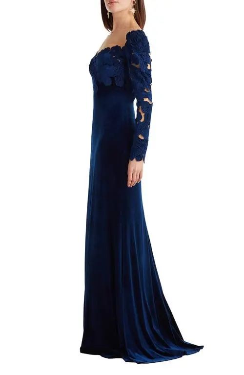 Tadashi Shoji Appliqué Illusion Stretch Velvet Mermaid Gown - Navy