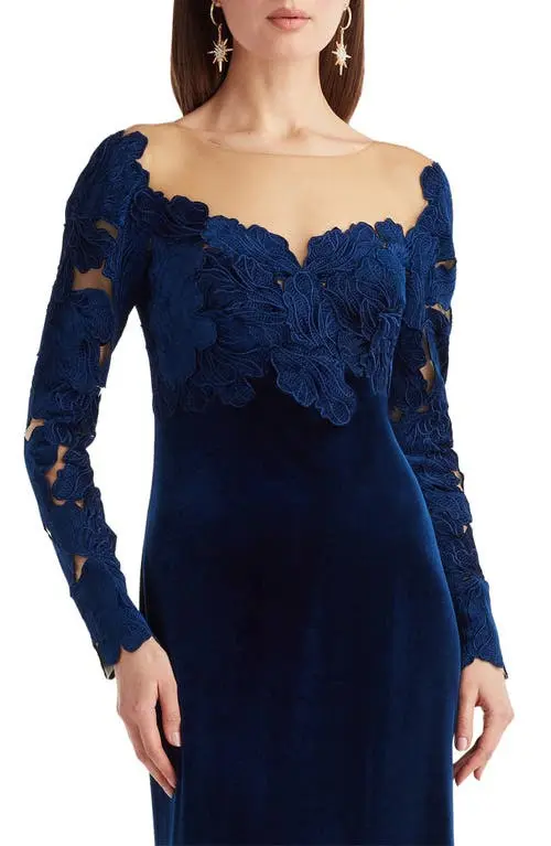 Tadashi Shoji Appliqué Illusion Stretch Velvet Mermaid Gown - Navy