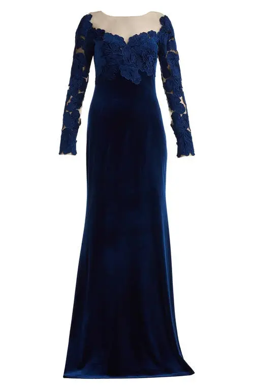 Tadashi Shoji Appliqué Illusion Stretch Velvet Mermaid Gown - Navy