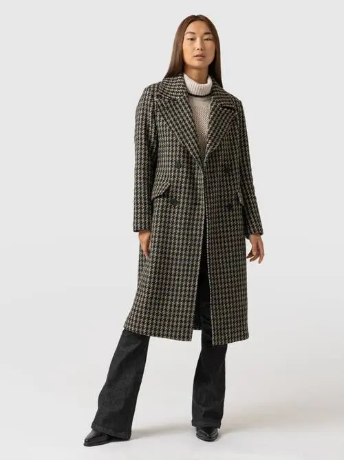 SAINT + SOFIA Hampton Double Breasted Overcoat - Olive Houndstooth