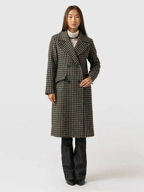 SAINT + SOFIA Hampton Double Breasted Overcoat - Olive Houndstooth