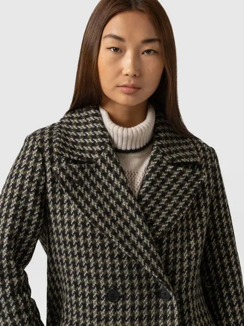 SAINT + SOFIA Hampton Double Breasted Overcoat - Olive Houndstooth