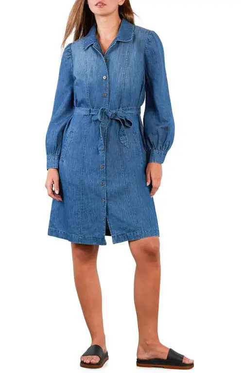 WASH LAB DENIM Tie Waist Denim Shirt Dress - Denim Fade