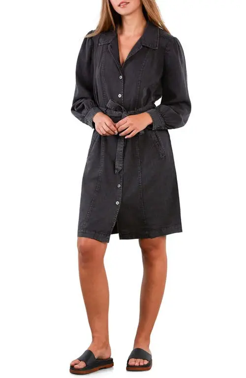 WASH LAB DENIM Tie Waist Denim Shirt Dress - Grey Fade