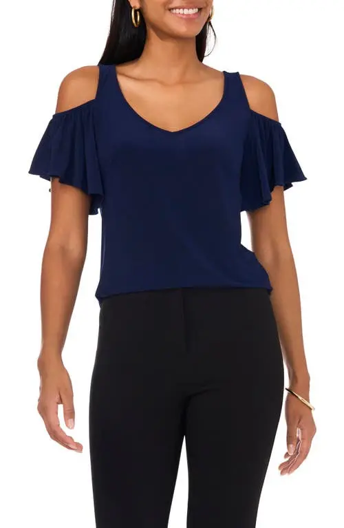 Chaus Ruffle Cold Shoulder V-neck Top - Navy