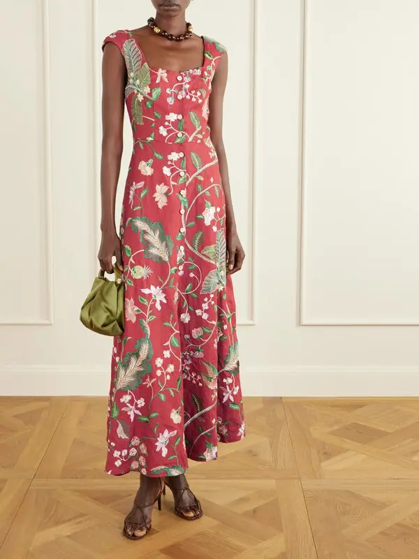 MARTA FERRI Farfalle Embroidered Linen-blend Maxi Dress