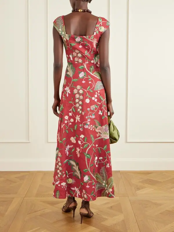 MARTA FERRI Farfalle Embroidered Linen-blend Maxi Dress