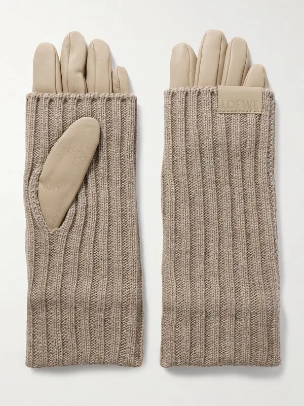 Loewe Leather And Ribbed Cashmere Gloves - Neutrals