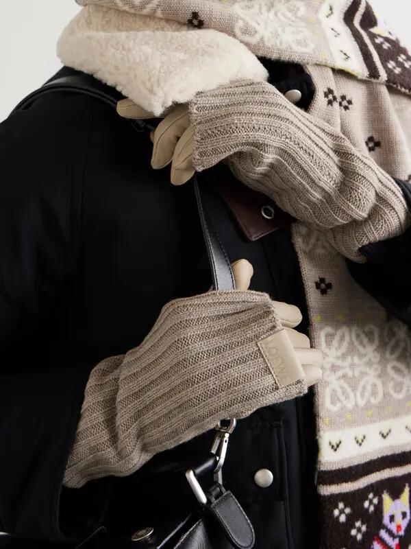 Loewe Leather And Ribbed Cashmere Gloves - Neutrals