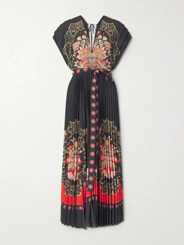 La DoubleJ Belted Pleated Printed Crepe De Chine Maxi Dress - Black