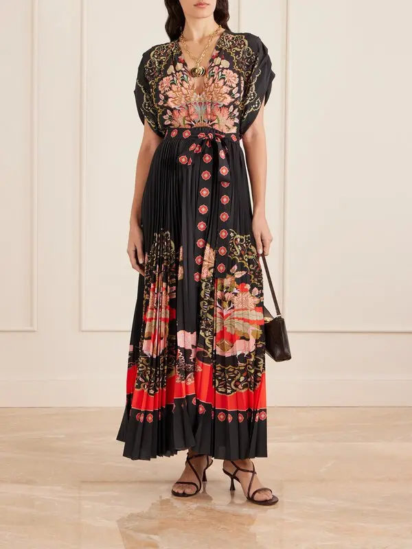 La DoubleJ Belted Pleated Printed Crepe De Chine Maxi Dress - Black