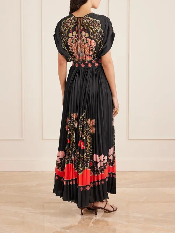 La DoubleJ Belted Pleated Printed Crepe De Chine Maxi Dress - Black