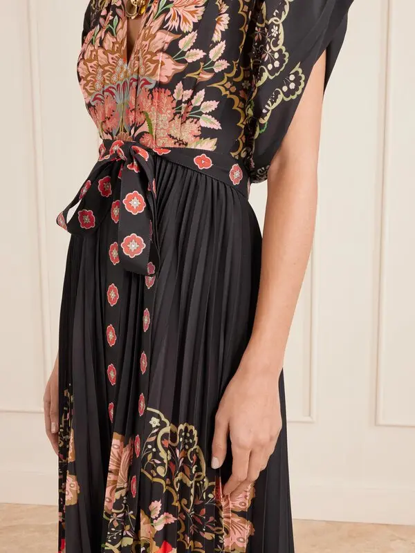 La DoubleJ Belted Pleated Printed Crepe De Chine Maxi Dress - Black