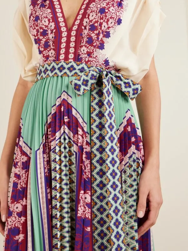 La DoubleJ Belted Printed Pleated Crepe De Chine Maxi Dress - Multi
