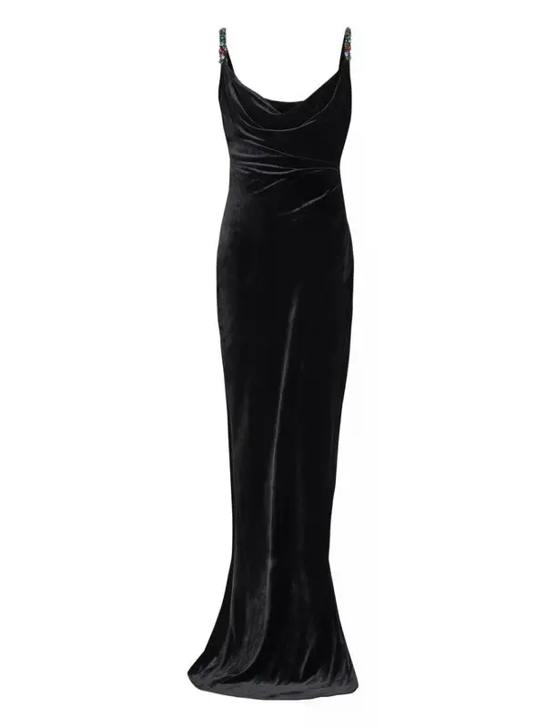 Balmain Long Velvet Dress With Embellished Straps