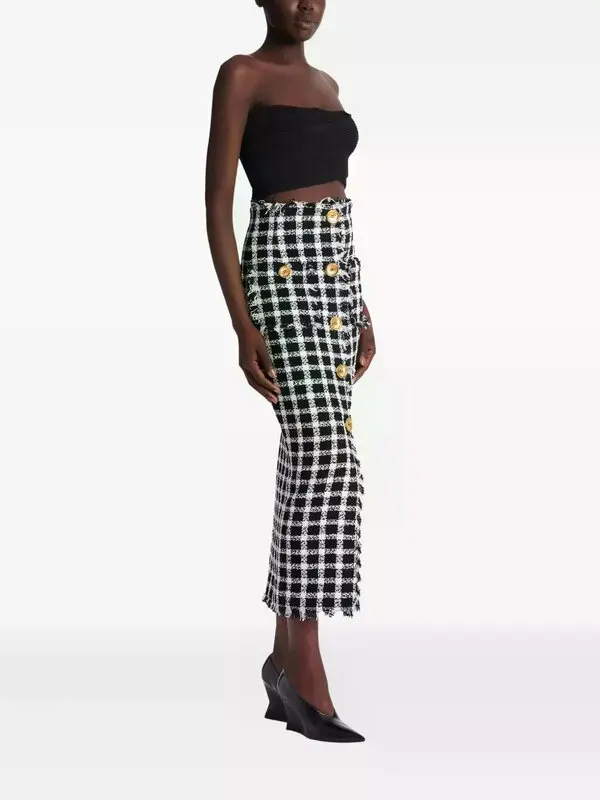 Balmain Gingham Tweed Long Skirt - Black