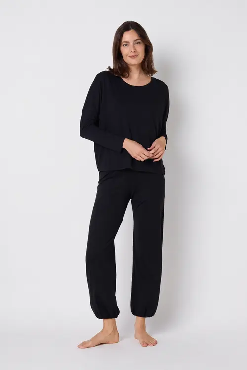 THE CAT'S PAJAMAS Classic Solid Pima Knit Pullover Pajama Set - Midnight