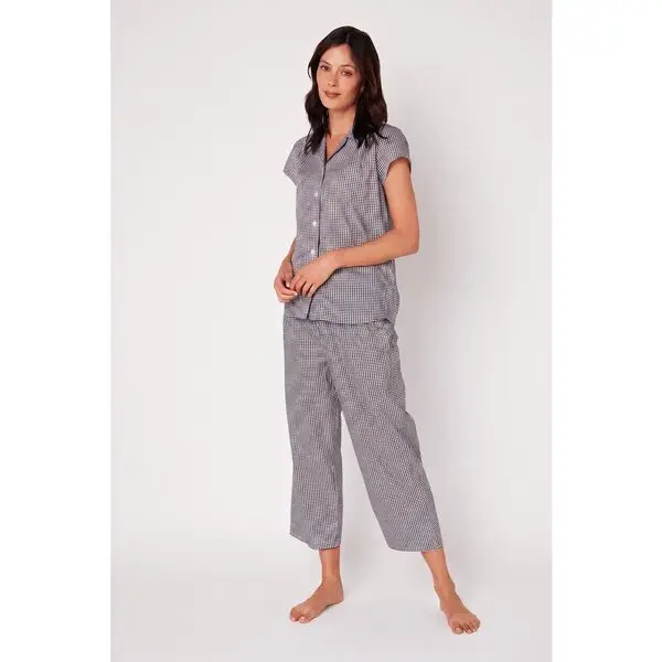THE CAT'S PAJAMAS Gingham Pima Cotton Short-sleeved Capri Pajama Set - Gingham Navy