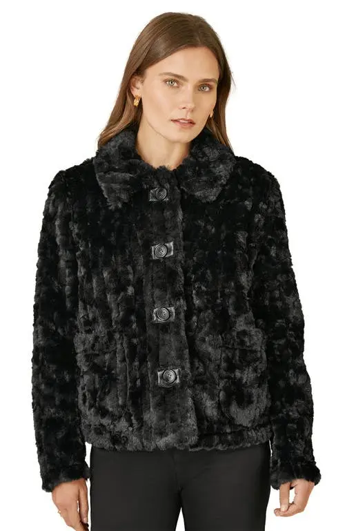 YUMI Textured Faux Fur Jacket - Black