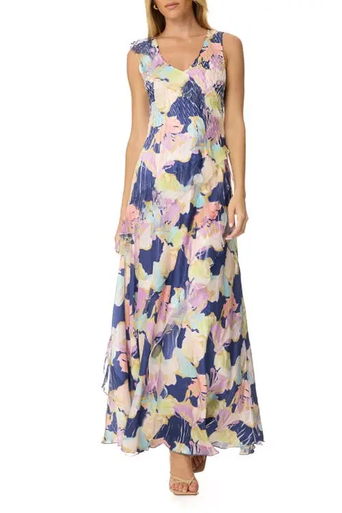 Komarov Ruffle Chiffon And Charmeuse Long Dress