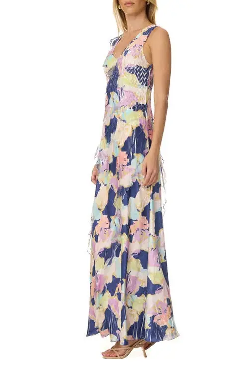 Komarov Ruffle Chiffon And Charmeuse Long Dress