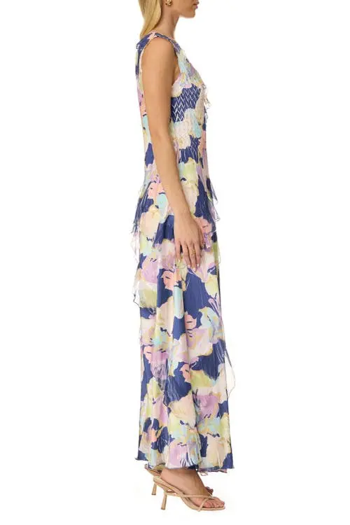 Komarov Ruffle Chiffon And Charmeuse Long Dress
