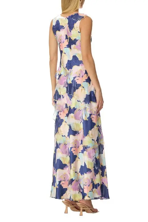 Komarov Ruffle Chiffon And Charmeuse Long Dress