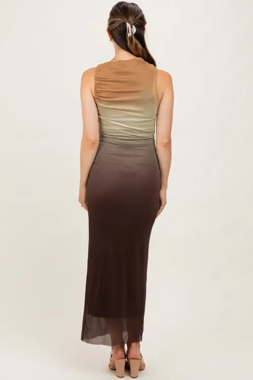 PINKBLUSH Ombre Mesh Ruched Sleeveless Midi Dress - Brown