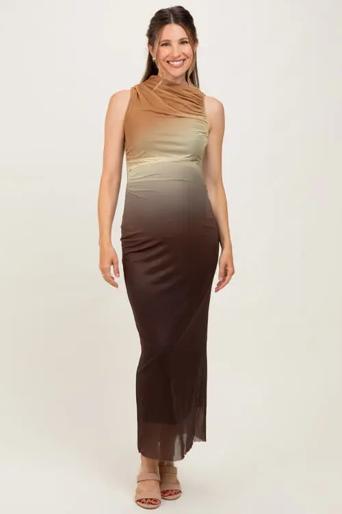 PINKBLUSH Ombre Mesh Ruched Sleeveless Midi Dress - Brown
