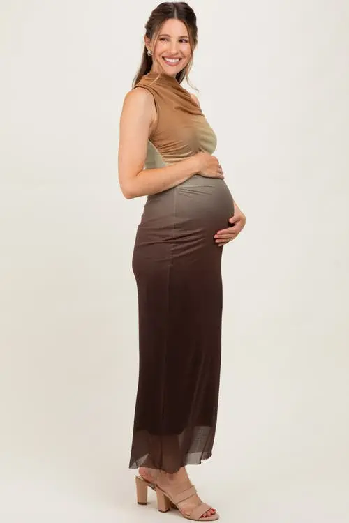 PINKBLUSH Ombre Mesh Ruched Sleeveless Midi Dress - Brown