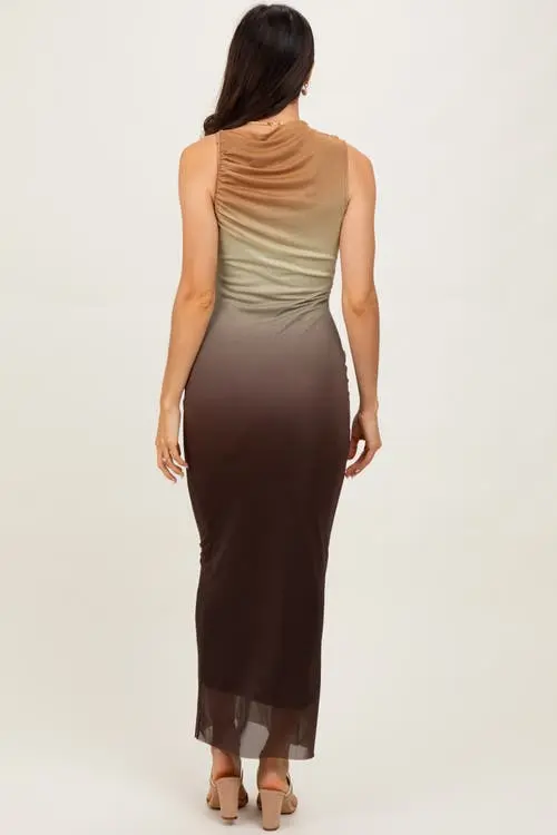 PINKBLUSH Ombre Mesh Ruched Sleeveless Midi Dress - Brown