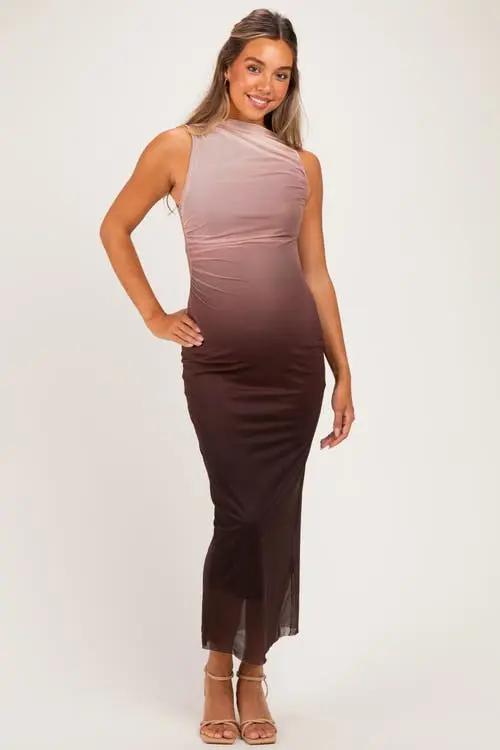 PINKBLUSH Ombre Mesh Ruched Sleeveless Midi Dress - Mocha