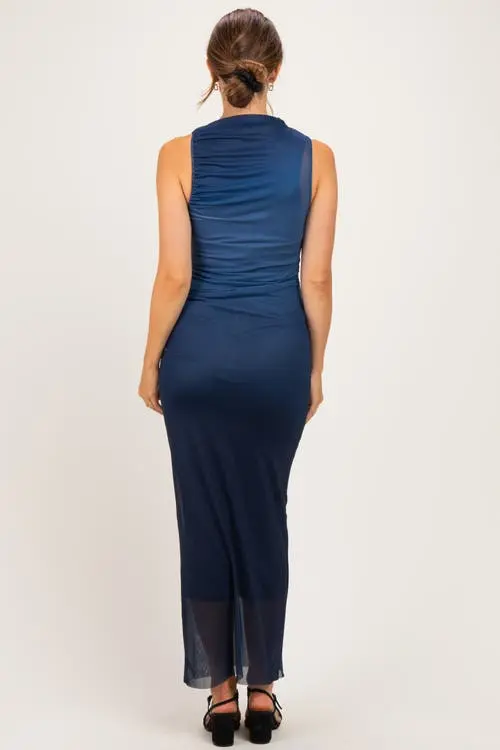 PINKBLUSH Ombre Mesh Ruched Sleeveless Midi Dress - Navy Blue