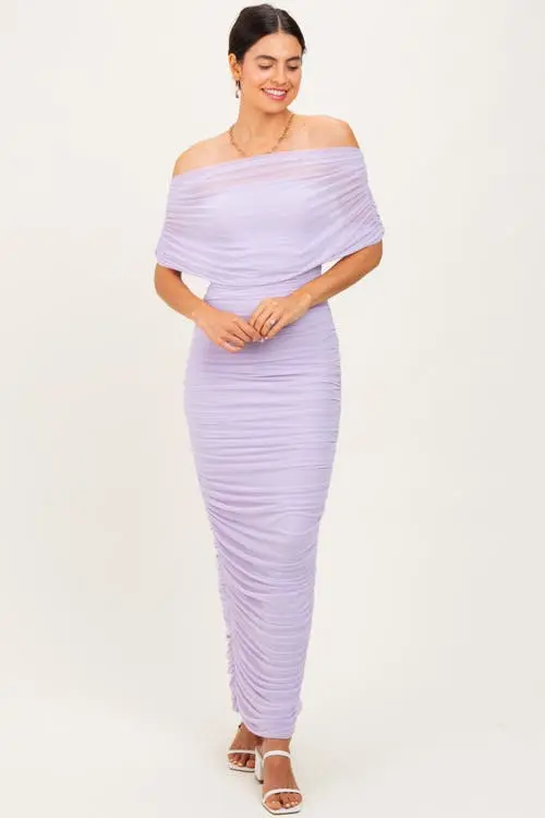 PINKBLUSH Ruched Mesh Foldover Off Shoulder Maxi Dress - Lavender
