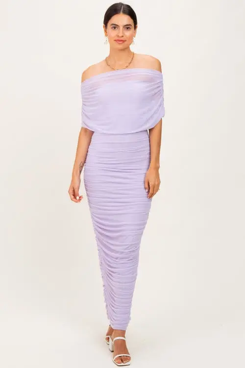 PINKBLUSH Ruched Mesh Foldover Off Shoulder Maxi Dress - Lavender