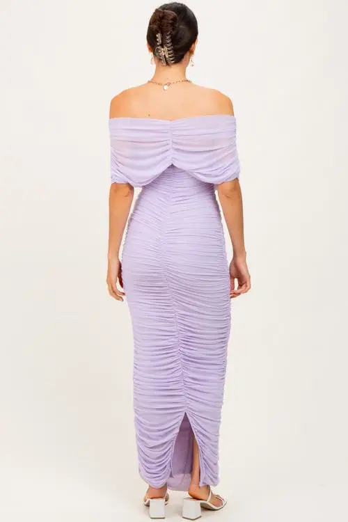 PINKBLUSH Ruched Mesh Foldover Off Shoulder Maxi Dress - Lavender
