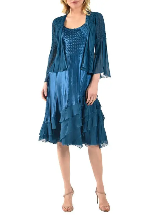 Komarov Charmeuse & Chiffon Tiered Dress With Jacket
