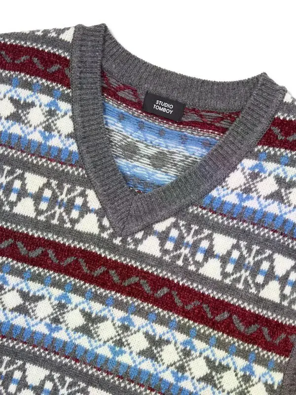 STUDIO TOMBOY Geometric-pattern V-neck Vest - Grey