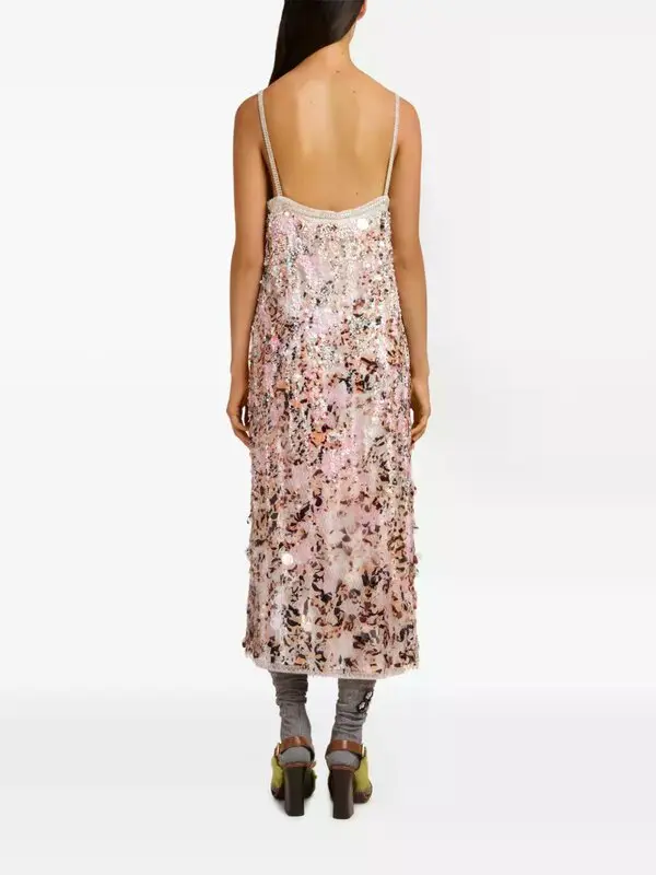 Marni Sequin Midi Dress With Rhinestone Straps And Lace Trims