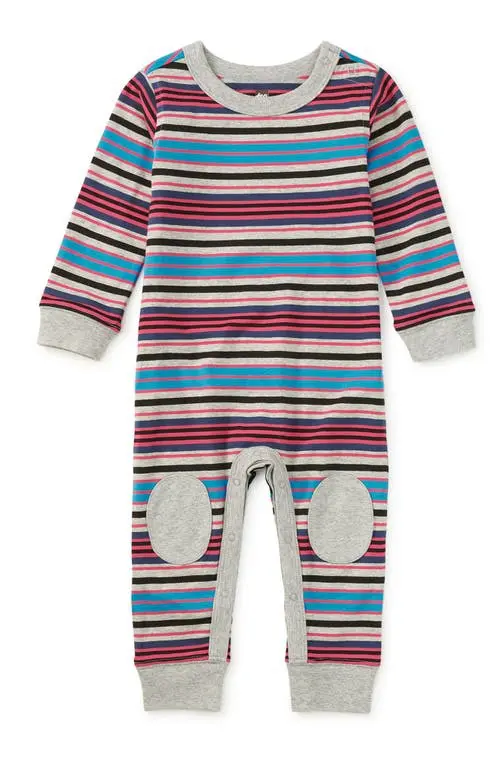 TEA COLLECTION Stripe Knee Patch Baby Romper - Med Heather Grey