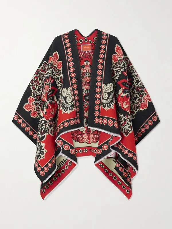 La DoubleJ Soul Frayed Wool And Silk-blend Jacquard Poncho - Red