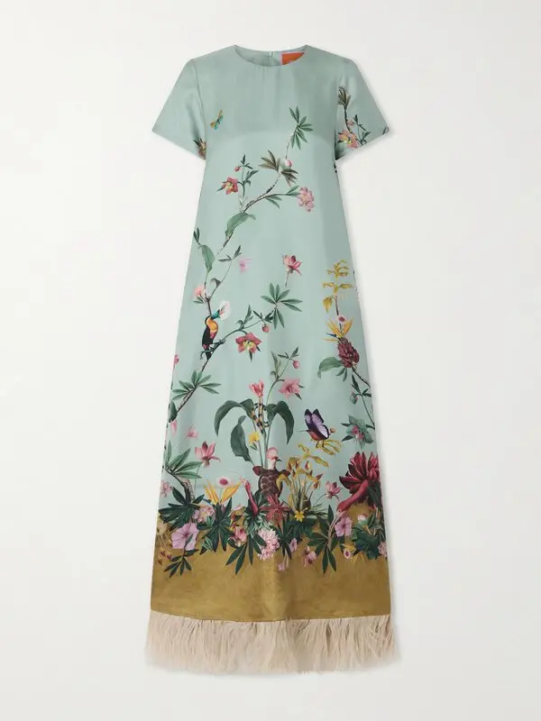 La DoubleJ Swing Feather-trimmed Printed Silk-twill Maxi Dress - Green